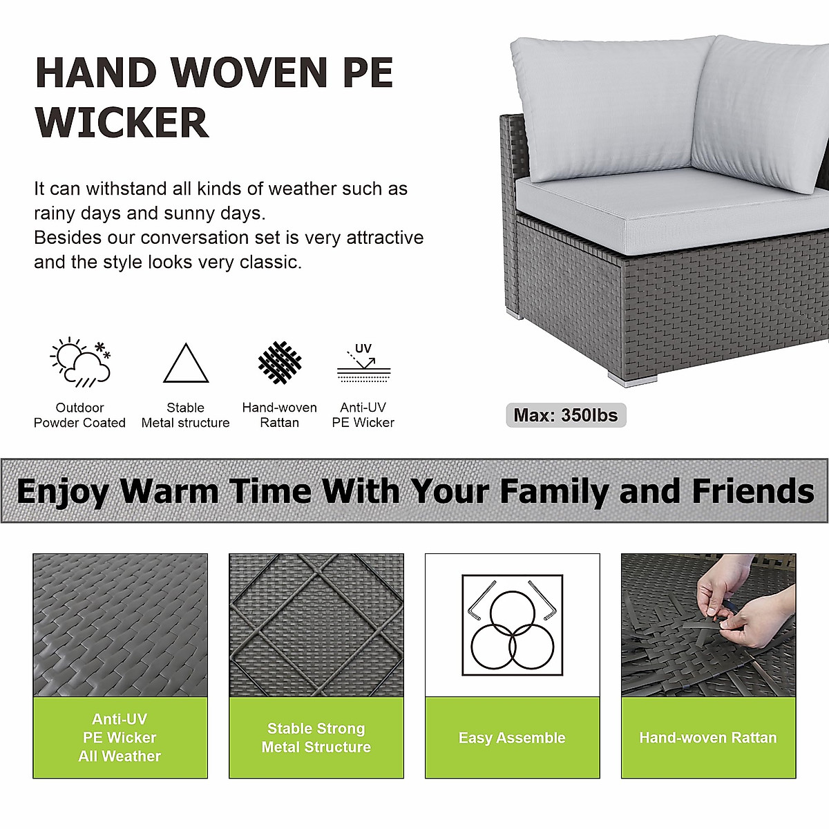 Dineli Patio Furniture Set Sofa Outdoor Furniture Set Sectional Couch Fire Pit Table Balcony Furniture Patio Table and Chairs Set with Propane Fire Pit (Light Gray, 6 pcs/firepit Table)