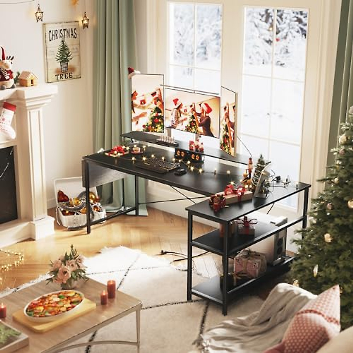 ODK L Shaped 66 Inch Computer Desk with USB Charging Port & Power Outlet, L-Shaped Gaming Desk with Storage Shelves & Monitor Shelf for Home Office Workstation, Modern Writing Table, Black