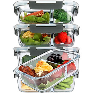 M MCIRCO [5-Pack,36 Oz] Glass Meal Prep Containers 2 Compartments Portion Control with Upgraded Snap Locking Lids Glass Food Storage Containers, Microwave, Oven, Freezer and Dishwasher (4.5 Cups)