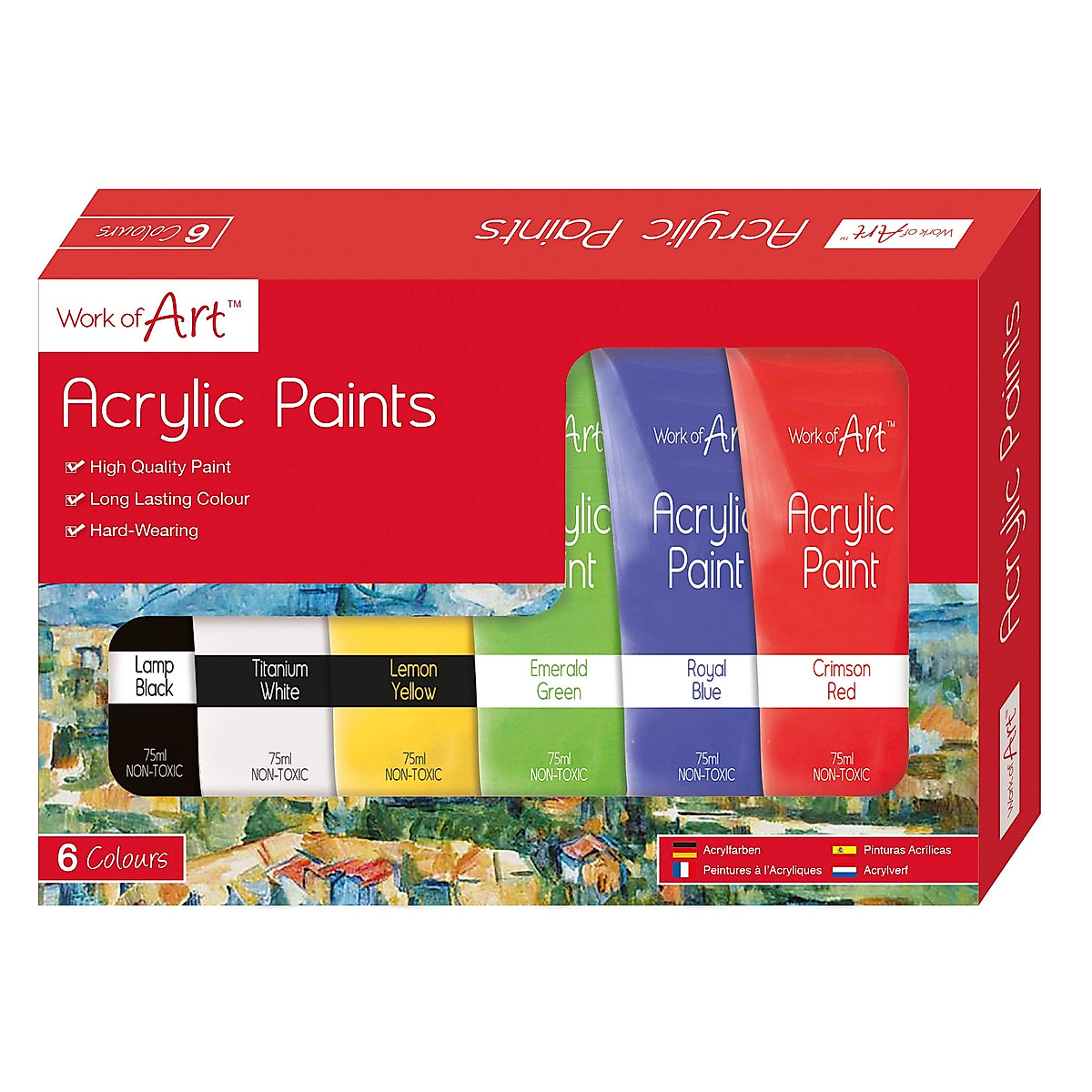 Work of Art 6 Pack Acrylic Paints, 75 ml (Pack of 6), Lemon Yellow, Lamp Black, Titanium White, Emerald Green, Royal Blue and Crimson Red 6 Piece