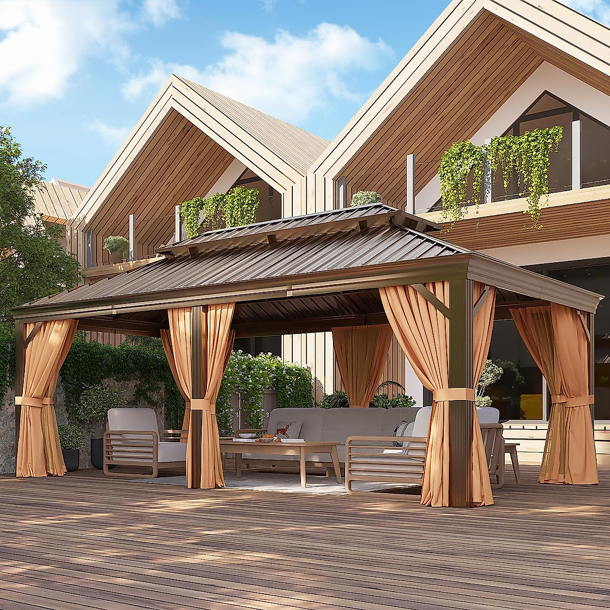 Jolydale Hardtop Gazebo,12x20 Gazebo with Brown Mosquite Netting, Double Metal Roof for Lawn and Garden