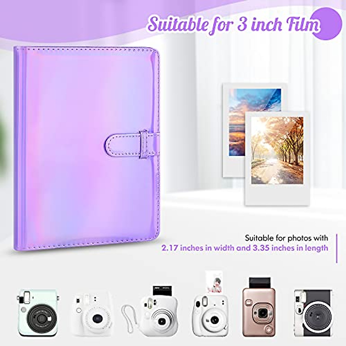Ablus 256 Pockets Photo Album for Polaroid Snap SnapTouch Zip Mint Cameras Printers, Fujifilm Instax Mini 11 90 9 8+ 8 7S 70 50S 26 25 LiPlay Instant Camera Film, Mini Link SP-1 Printer(Nebula Purple)