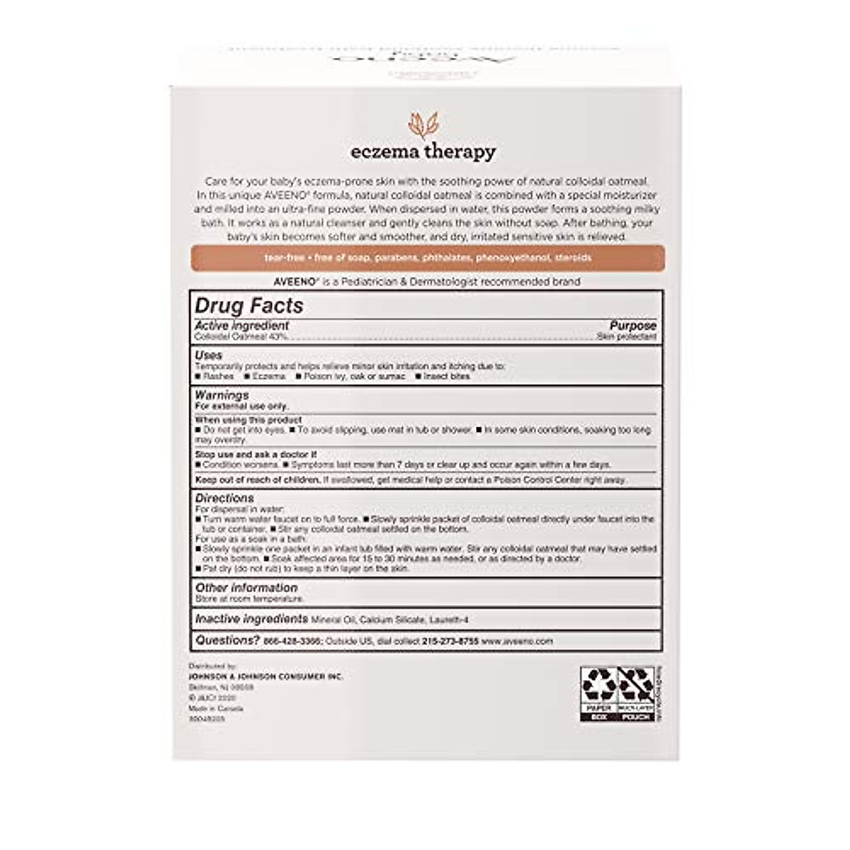 Aveeno Baby Eczema Therapy Soothing Bath Treatment for Relief of Dry, Itchy & Irritated Skin,Made with Natural Colloidal Oatmeal, Fragrance-Paraben-, Steroid- & Tear-Free, 10 ct ( Packaging May Vary )