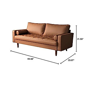 Container Furniture Direct Womble Mid Century Modern Couch with Bolster Pillows, PU Leather Upholstered Tufted Seat, Versatile Retro Design for Comfortable Living Spaces, Sofa, Coffee Brown