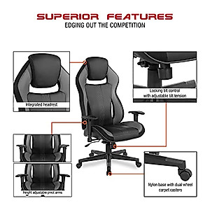 OSP Home Furnishings BOA II Ergonomic Adjustable High Back Gaming Chair with Thick Padded Coil Spring Seat, Built-in Lumbar Support and Headrest, Black Bonded Leather with Grey Accents