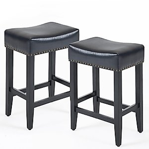Furnimart 26” Bar Stools Set of 2 Leather Saddle Stool Counter Height Bar stools with Rivet Trim Cushion Seat Wood Counter Stools for Kitchen and Bar (PU-Black)