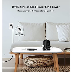 Power Strip Surge Protector Tower- 9 AC Multiple Outlets with 4 USB Ports (1 USB C),10 Ft Long Heavy Duty Extension Cord,Flat Plug Charging Station with Overload Protection for Home Office Dorm Desk