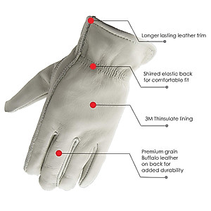 Illinois Glove Company HW2600M Grain Pigskin Fleece Lined Glove M Palomino, Genuine Smooth Grain Pigskin Leather Work Gloves, Fleece-Lined for Warmth, Shirred Elastic Back