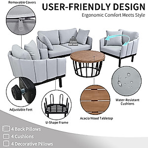Merax 4-Piece Outdoor Patio Furniture Set with Acacia Wood Round Conversation Coffee Table, Comfy Loveseat and 2 Armchairs, Outside Sectional Sofa & Solid Iron Frame for Backyard, Poolside, Gray