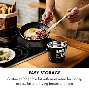 Granrosi Bacon Grease Container with Strainer - 36OZ Stainless Steel Bacon Grease Saver with Airtight Lid; Farmhouse Style Strainer - Black