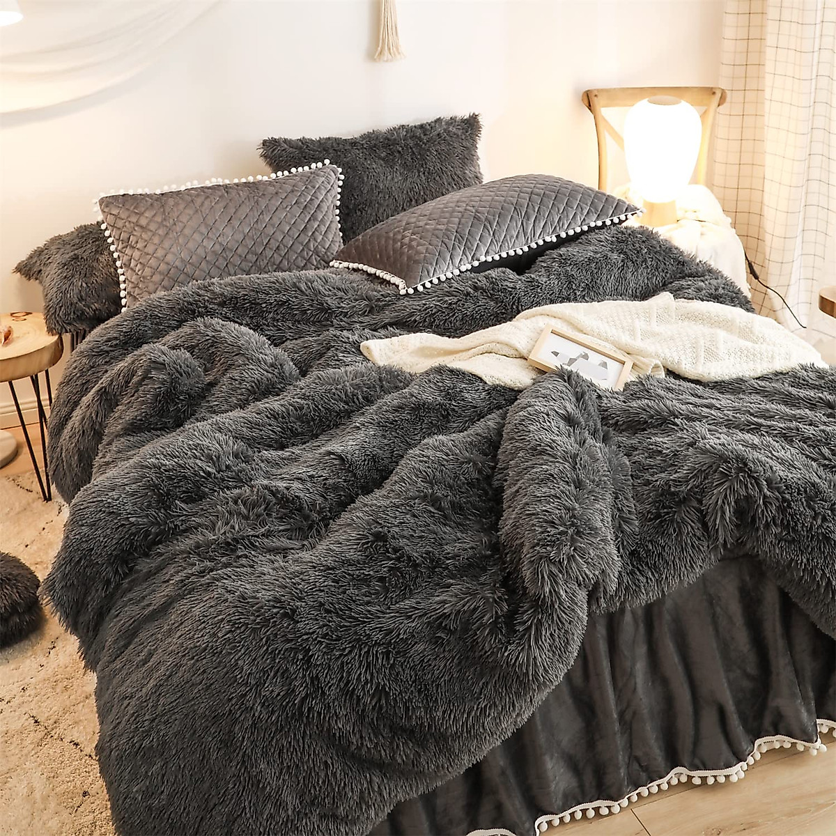 HAIHUA Luxury Plush Shaggy Duvet Cover Flannel Velvet Bedding (1 Faux Fur Duvet Cover +2 Faux Fur Pillowcases)Fluffy Comforter Bed Sets 3 Pieces ,Zipper Closure (Dark Gray, Queen)