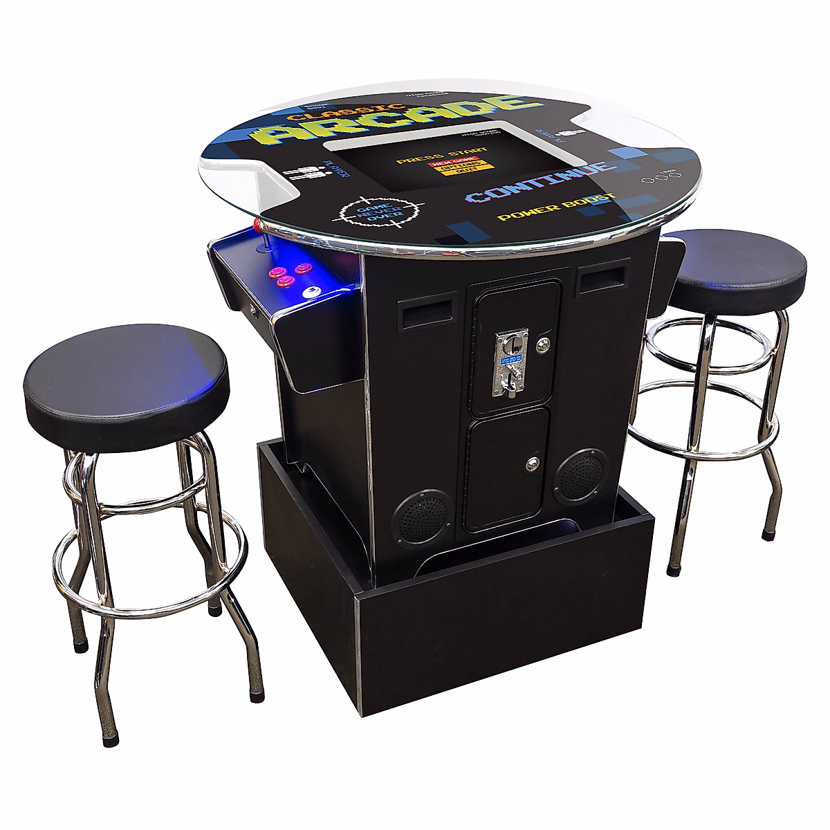 Creative Arcades Full Size Commercial Grade Cocktail Arcade Machine w/Riser | 2 Player | 412 Games | 22" LCD Screen | Round Glass Top | 2 Sanwa Joysticks | 2 Stools Included | 3 Year Warranty