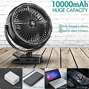 KITWLEMEN 8 Inch Misting Fan with Clip, 10000mAh Rechargeable Battery Powered, Personal Air Cooling Fan, 3 Speeds & 360° Rotatable Spray Fan with Foldable Hook for Home Office Camping Travel Jobsite