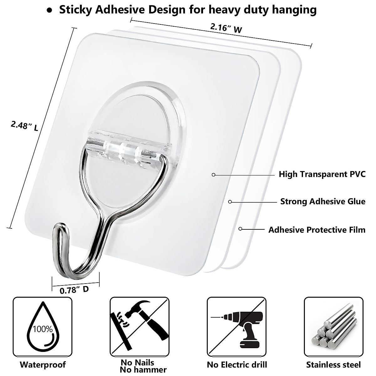 Willtok 12PCS Premium Adhesive Hooks, Stainless Steel No-Tools Adhesive Hooks for Hanging Heavy Duty, Sticky Adhesive Hook with Strong Holding for Decoration/Organization