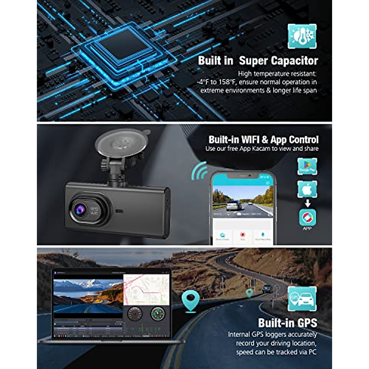 OMBAR 3 Channel Dash Cam, Built-in WiFi GPS, eMMC 64G Storage, 4K Front Dash Cam, 2K+1080P Car Camera Front and Cabin/Rear, 1080P+1080P+1080P Dashcams for Cars with 3.99" IPS Screen, IR Night Vision