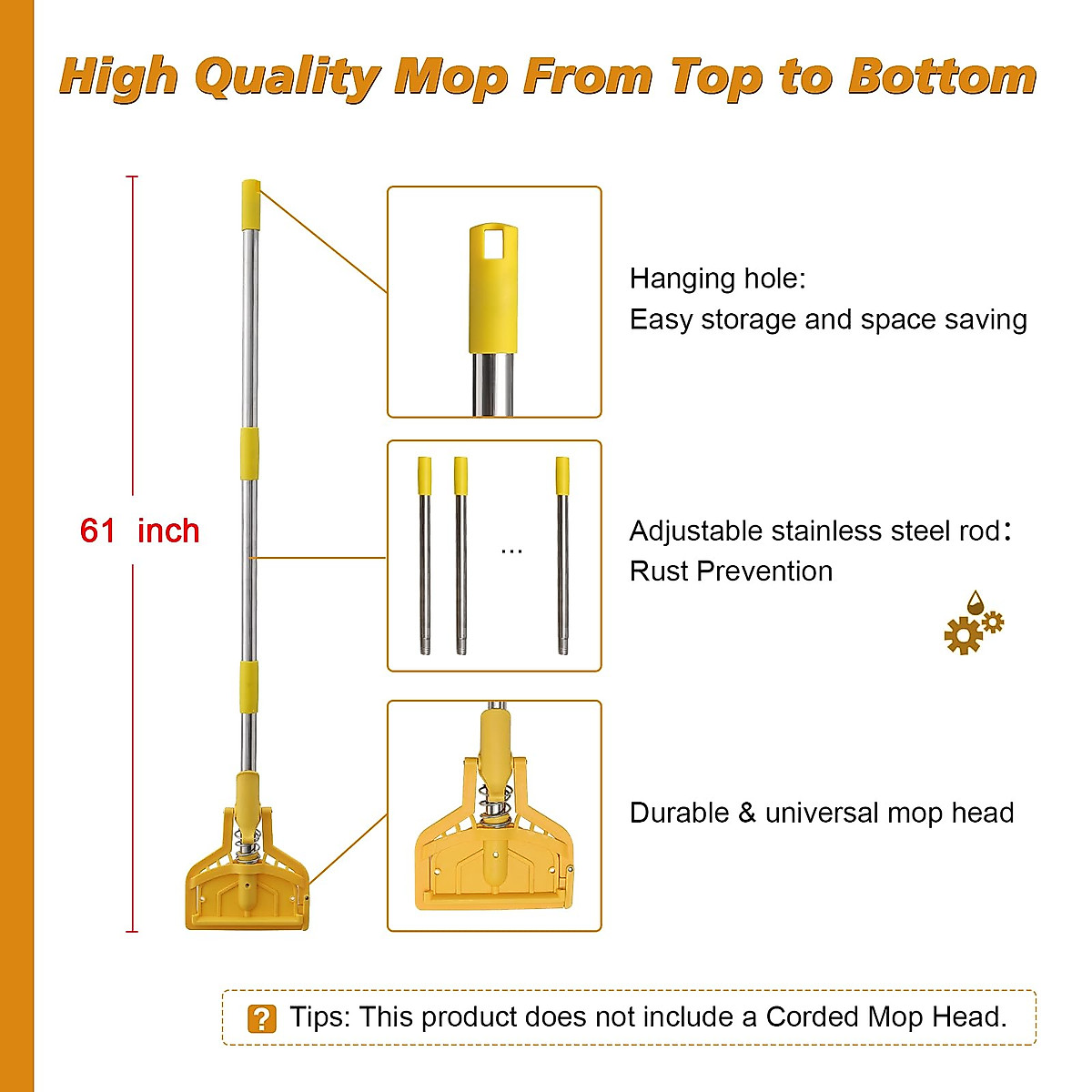 Mop Handle, 61" Wet Mops Heavy Duty Loop-end String Mop Head Surface Floor Cleaner with Stainless Steel Hard Pole Commercial Industrial Grade Mop