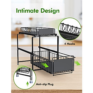 Docusvect Under Sink Organizer, 2-Tier Metal Under Cabinet Sliding Storage, Under Kitchen Sink Organizer, Under Sink Organizers and Storage with Hooks, Organizer for Bathroom Kitchen (Steel-1Pack)