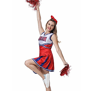 GRAJTCIN Women's Cheerleader Costume Halloween 3-Pieces High School Girl Cheerleading Outfit with Pom Pom(Medium, Red)