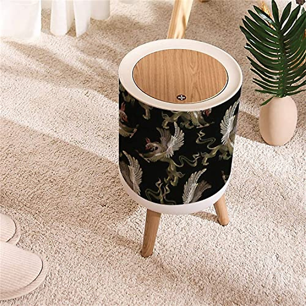 Small Trash Can with Lid Embroidery Griffin Medieval Gothic Tapestry Renaissance Style Round Recycle Bin Press Top Dog Proof Wastebasket for Kitchen Bathroom Bedroom Office 7L/1.8 Gallon