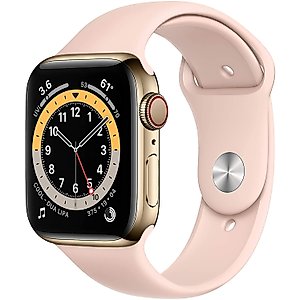 Apple Watch Series 6 (GPS + Cellular, 44mm) Gold Stainless Steel Case with Pink Sport Band (Renewed)