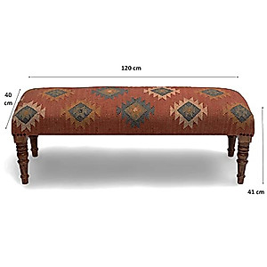NATURAL FURNISH Wooden Bench for Living Room, Wool Jute Kilim Bench for entryway, Fabric upholstered Bench for Seating