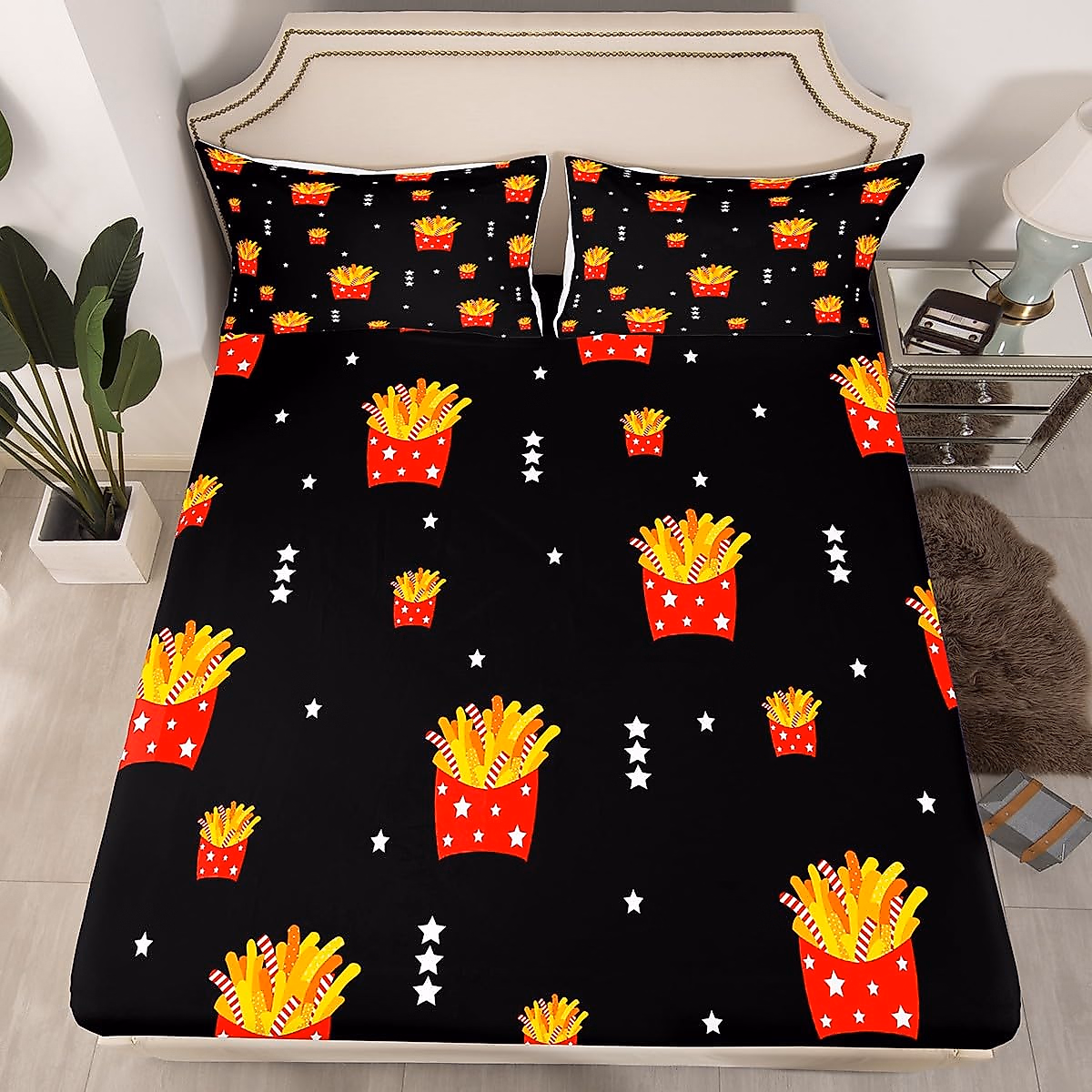 French Fries Print Fitted Sheet Full Size Snacks Bed Sheet Set for Boys Girls Teens Bedroom Decor Fried Food Print Bedding Set Women Men Star Print Bed Cover with 2 Pillow Case