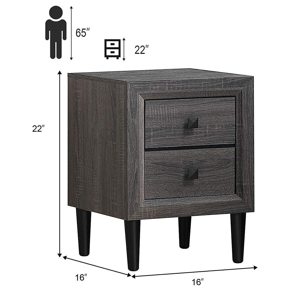 Giantex Nightstand with Drawer, Fully-Assembled 2-Drawer Bedside Tables with Solid Wood Legs for Bedroom, Modern Night Stand Side Table for Small Space Living Room, Grey