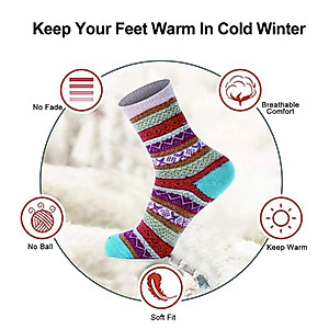 YANGYANG Wool Socks for Women, 5 Pairs Winter Warm Thick Crew Knit Socks Vintage Cozy Soft Cute Nordic Cabin Gifts