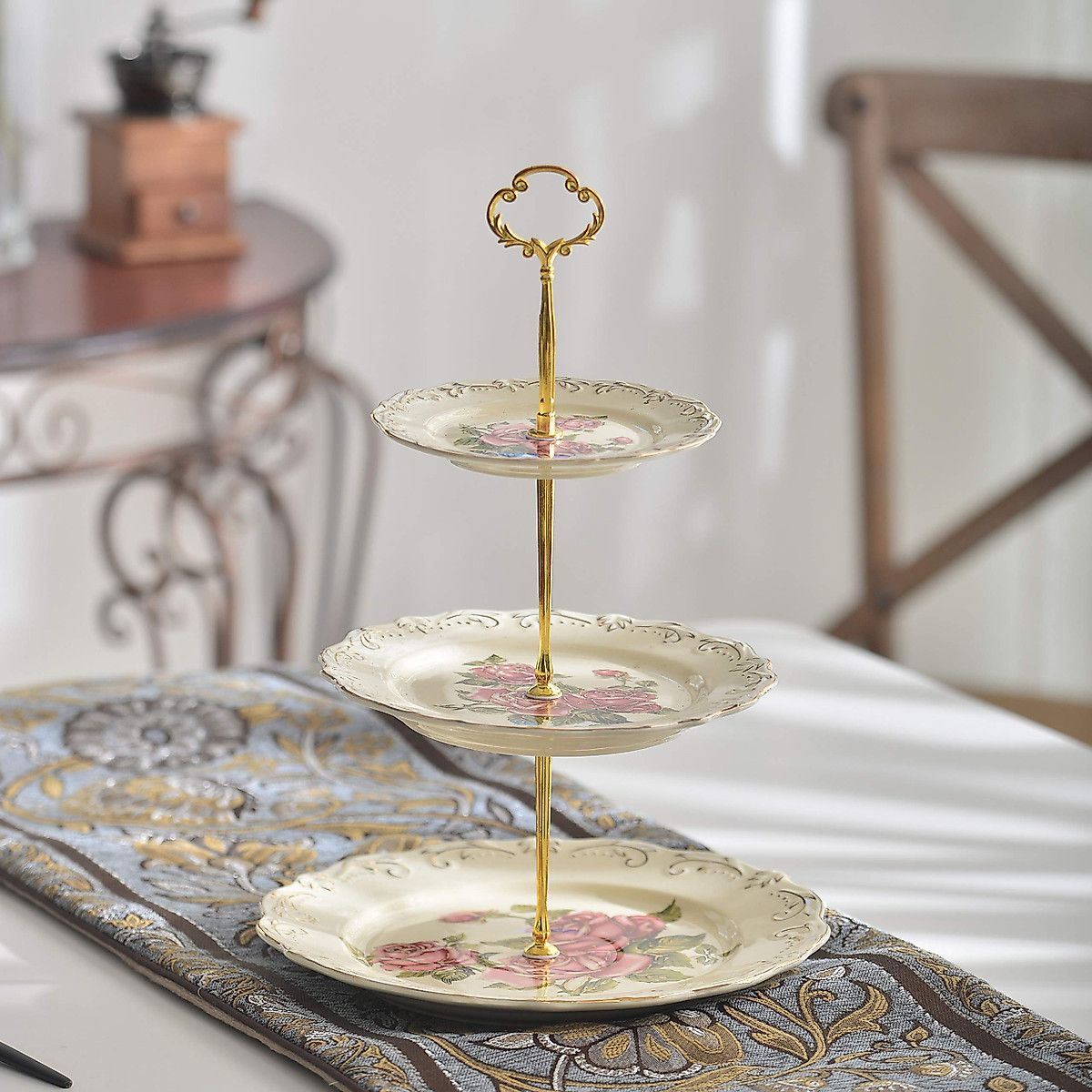 YOLIFE Red Rose Pattern 3 Tiered CupCake Stand, Emboss Golden Leaves Edge Porcelain 3 Tier Pastry Stand Desert Stand