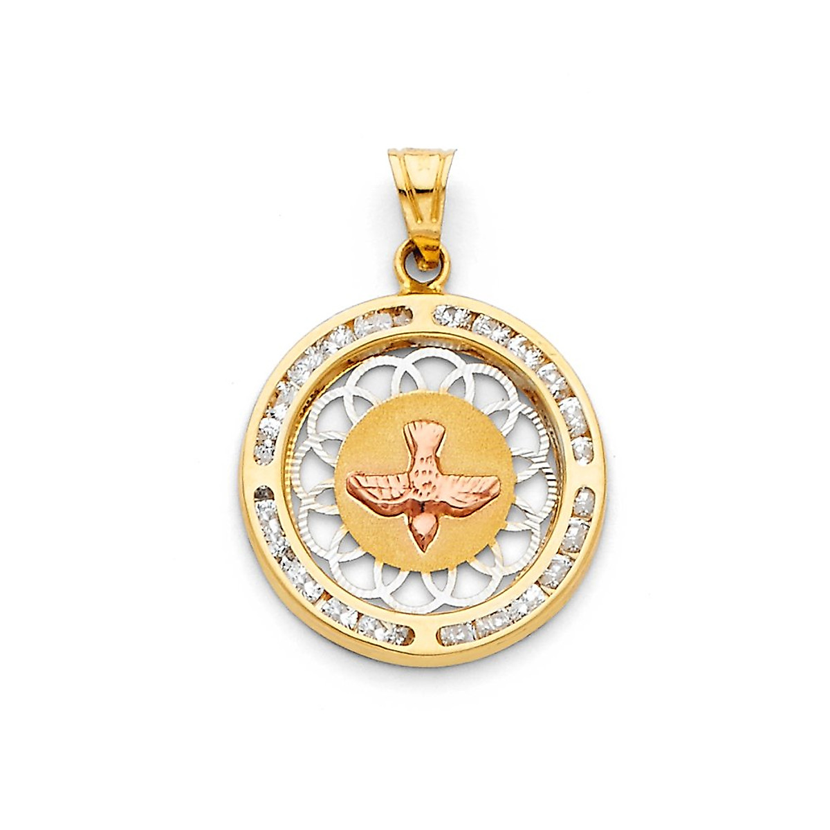 14k REAL Tri color Gold Holy Spirit Dove CZ Charm Pendant
