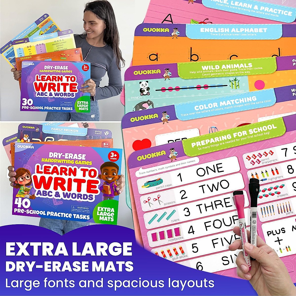 QUOKKA Busy Book Handwriting Practice for Kids - 2 Set - Learn to Write for Toddlers Age 3 4 5 - | 24 Tasks | 4 Dry Erase Markers | - Homeschool Preschool Learning Activities