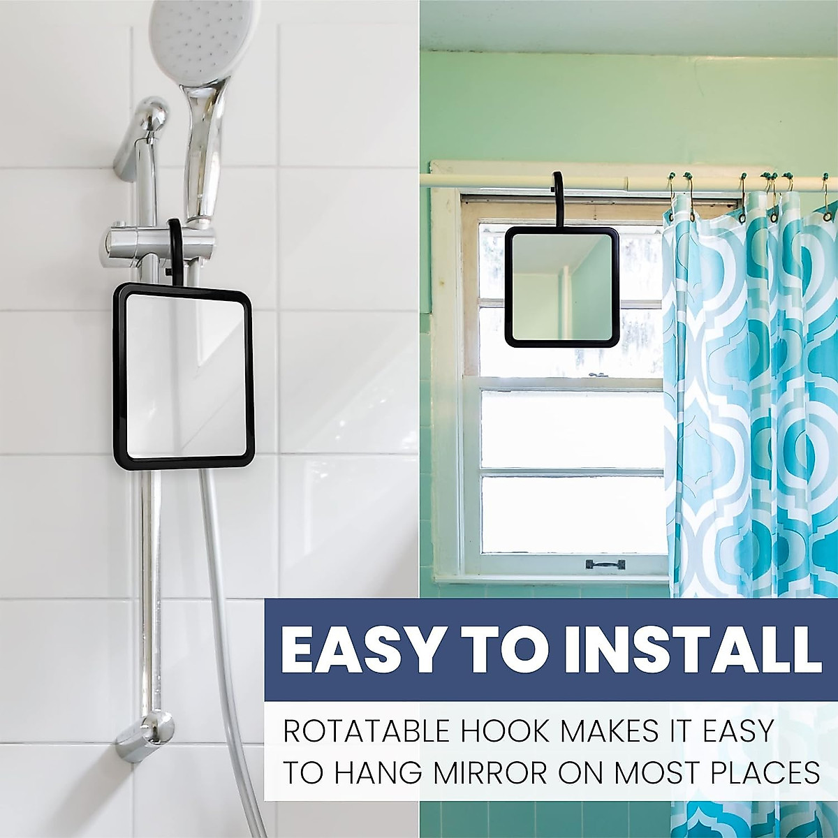 MIRRORVANA Dual Anti Fog Shower Mirror for Shaving with Hook for Hanging and Fogless Shatterproof Surface - Fill Back Chamber/Reservoir with Hot Water for Fog Free Shave (8" x 7", Black)