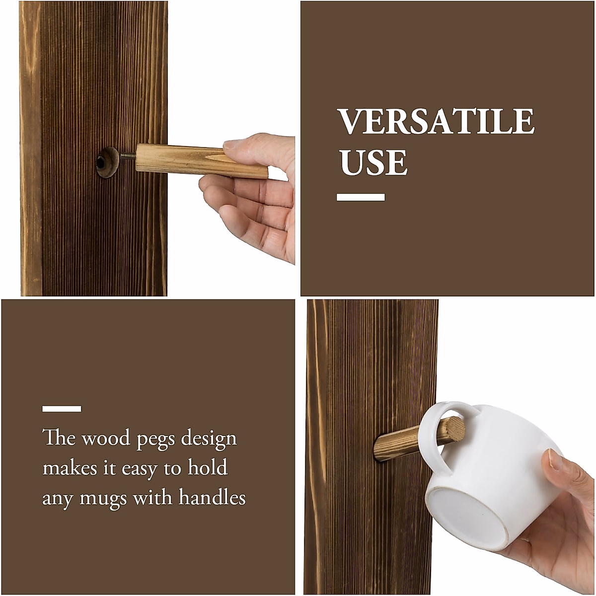 MyGift Wall Mounted Wooden Mug Rack - 3 Hook Rustic Burnt Wood Teacup Mug Storage Organizer, Set of 2