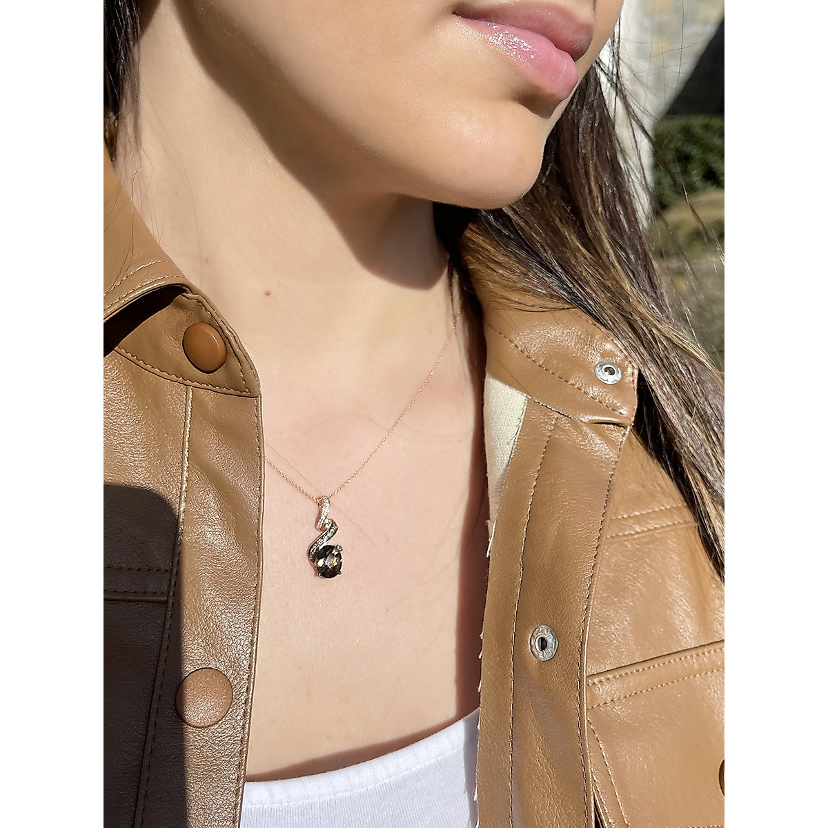 LE VIAN 14k Rose Gold Ribbon Pendant Necklace for Women I 1/4 Carat Vanilla and Chocolate Diamond with 2 Carat Oval Smoky Quartz Necklace (G-H/Brown, VS2-SI1, cttw) 18 Inch Chain with Lobster Claw