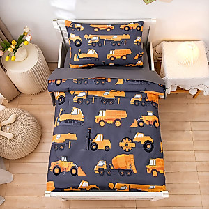 NTBED 4 Pieces Construction Toddler Bedding Set for Baby Boys, Truck Vehicles Excavator Cars Printed, Includes Comforter, Flat Sheet, Fitted Sheet and Pillowcase,Grey