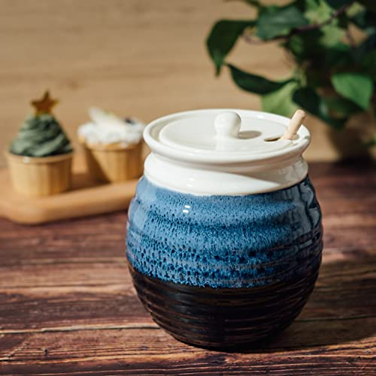 Honey Jar Pot By Gute 6"H - Elegant & Modern Ceramic With Dipper & Lid Rosh Hashanah Gift - Home Kitchen Honey and Syrup, Gorgeous Blue Beehive Honey Jar, Great For Jam, Jelly, 14oz (Ocean Blue)