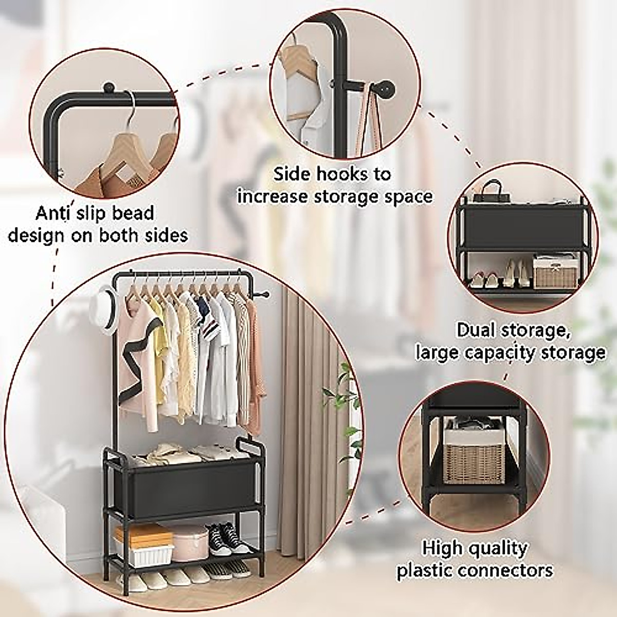 Calmootey Clothing Rack with Storage Bag,Non-woven Shelves for Shoes,Multi-Functional Garment Rack for Bedroom,Hallway,Black
