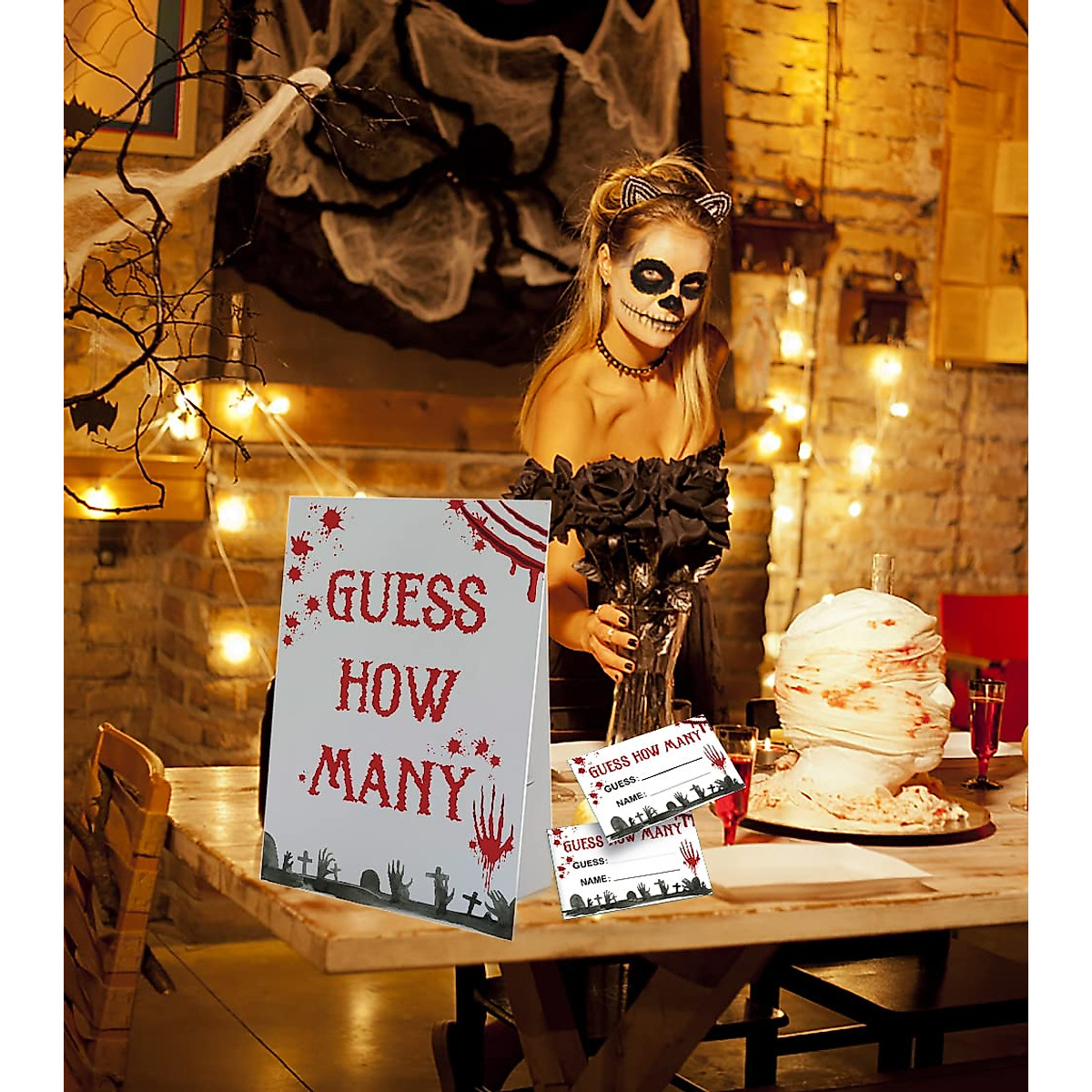 Halloween Guess How Many Games - One Standing Sign and 50 Game Cards, Guess How Many Candies Are In The Jar, Halloween Candy Party Game for Boys Girls, Halloween Baby Shower Decorations, GHM004