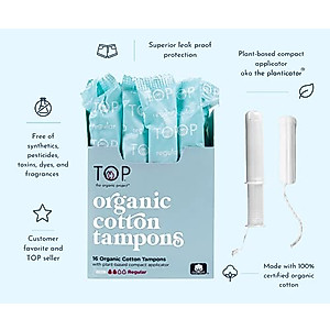 TOP the Organic Project: 100% Organic Pure Cotton Tampons | (Unscented, Dye & Chemical Free. Safe, Thin & Superior Protection), Eco-Conscious, Plant Based Applicator, Regular (16)
