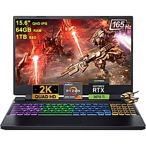 Acer Nitro 5 15 Gaming Laptop 15.6" QHD IPS 165Hz Display AMD Octa-core Ryzen 7 6800H (Beat i7-11370H) 64GB RAM 1TB SSD GeForce RTX3070Ti 8GB Graphic RGB Backlit HDMI USB-C Win11Pro Black + HDMI Cable