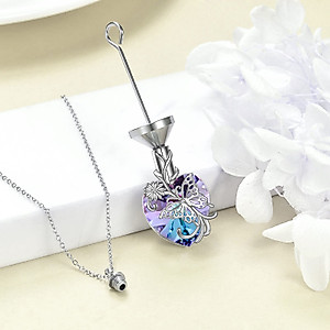 YFN Heart Crystal Urn Necklace for Ashes Cremation Jewelry Sterling Silver with Purple Blue Crystal Jewelry Gifts for Women Girls Butterfly