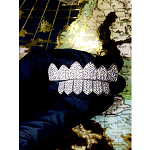 18K White Gold Plated CZ Cluster Custom Slugs Top Bottom Grillz Mouth Teeth Grills Set - Grillz, Teeth Cap, Iced Out Grillz (Top & Bottom Set)