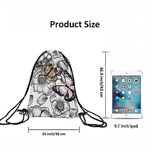 Beabes Colorful Butterflies Drawstring Bags Backpack Bag Flowers Bird Animal Beautiful Wings Magic Art Hand Painted Sport Gym Sack Drawstring Bag String Bag Yoga Bag for Men Women