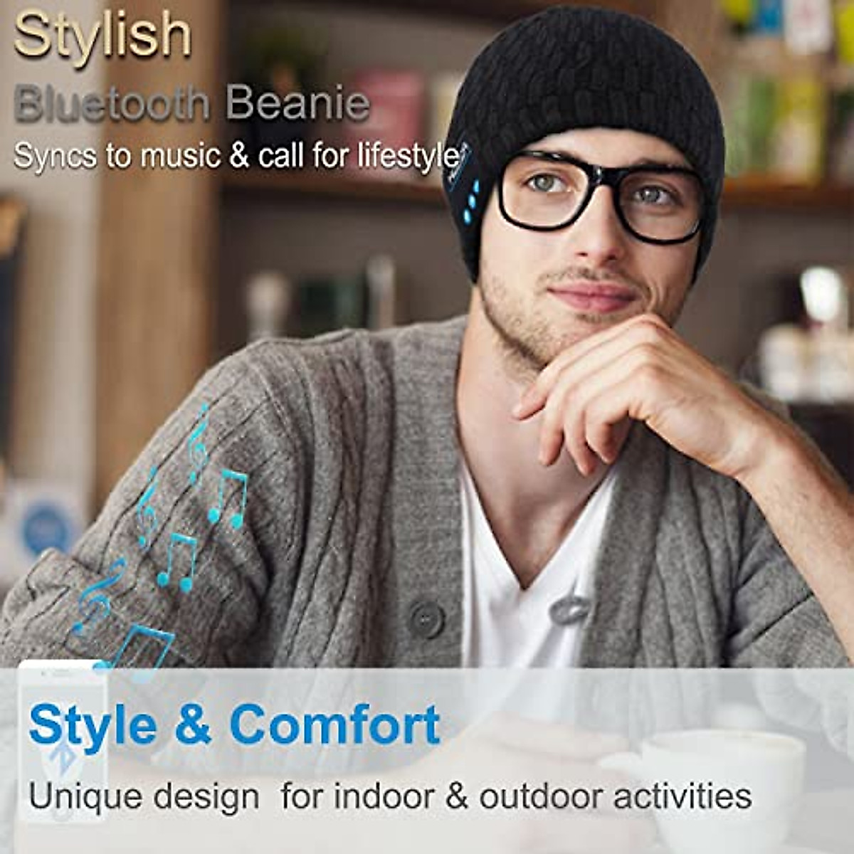 Rotibox Bluetooth Beanie Hat, Winter Outdoor Sport Premium Knit Cap with Wireless Stereo Headphone Headset Earphone Speaker Mic Hands Free Compatible with iPhone Samsung Android Cell Phones - Black