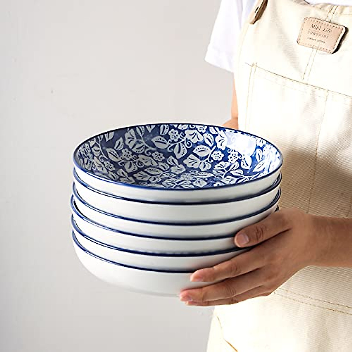 Selamica Porcelain Salad Pasta Bowls, Serving bowls, Microwave & Dishwasher Safe, Sturdy & Stackable - 26 Ounce, Set of 6, Vintage Blue