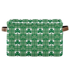 senya St. Patrick's Day Storage Basket, Large Foldable Storage Basket with Handles, Green Shamrocks with Plaid Fabric Collapsible Storage Bins Organizer Bag
