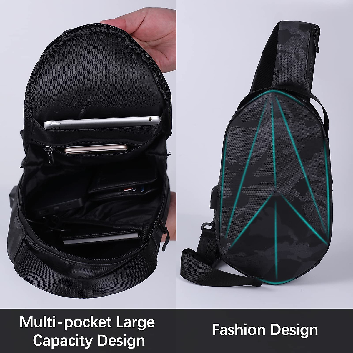 Lamgool Sling Bag for Men Waterproof Shoulder Bag Travel Hiking Hard Shell Sling Backpack Lightweight Cross Body Bag with Usb Charger Port