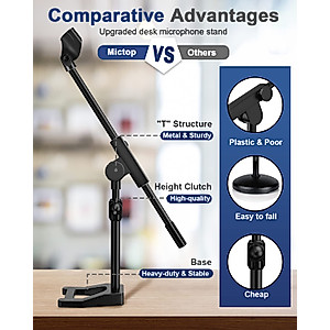 Mictop Desktop Microphone Stand, Adjustable Mic Stand with Boom Arm, Mic Clip Holder and 3/8" to 5/8" Screw Adapter for Dynamic Microphone and Blue Snowball, Blue Yeti, Kick Drums, Guitar Amps