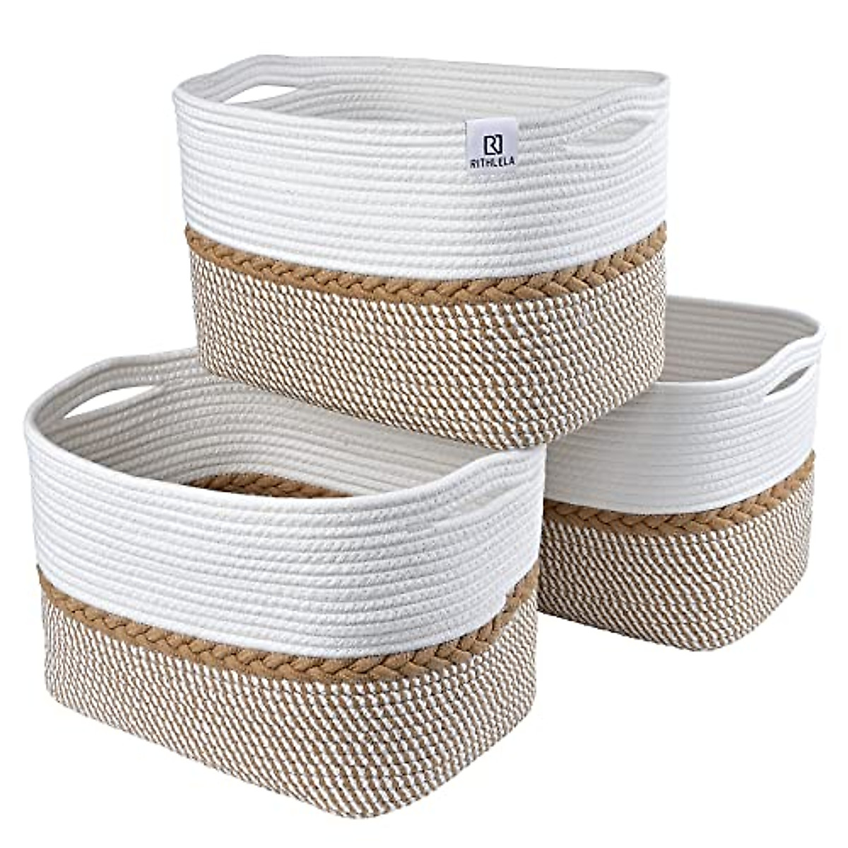 RITHLELA Woven Baskets 15"x10"x9" Cotton Rope Cube Storage Baskets Set of 3 Decorative Baskets Closet Cloth Storage Baskets and Bins for Shelves with Handles for Blanket, Laundry, Clothes - Light Tan