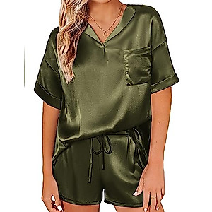 Ekouaer Silk Pajamas Womens Short Sleeve Sleepwear 2 Piece Pjs Shorts Set S-XXL Army Green
